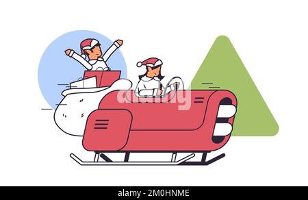 elves with santa claus driving sleigh car with gifts merry christmas ...