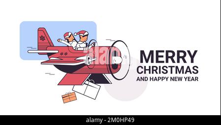 elves flying airplane with gifts merry christmas happy new year winter ...