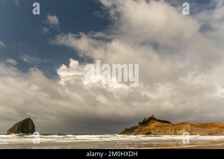 A big mossy rock formation in the sea seen from the Oregon coast in ...