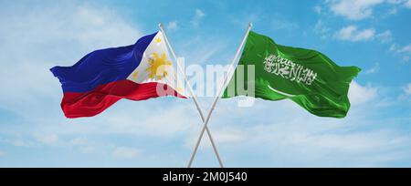two crossed flags Philippines and Saudi Arabia waving in wind at cloudy ...