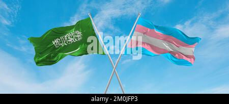 two crossed flags transgender Pride and Italy waving in wind at cloudy ...