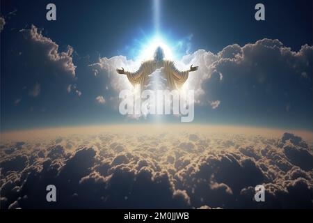 A digital render of a glowing mystical god-like creature floating high ...