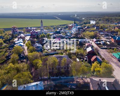 Aerial view of city of Belev with bulidings on riverside, Tula region ...