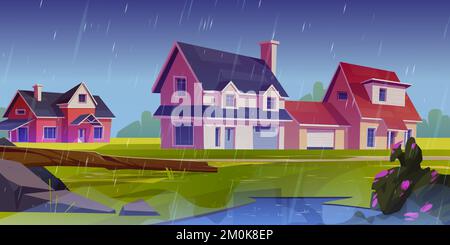 Rain at suburban district with cottage houses at cityscape view. Suburb ...