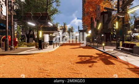 3D rendering. Futuristic landscape, Neo city with cyberpunk style and ...