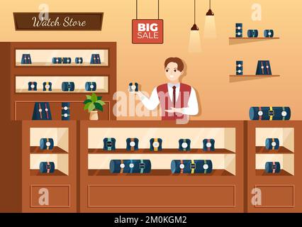 Watches Store with Various Models, Analog and Digital in Flat Cartoon ...