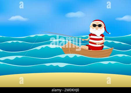 Santa Claus fishing on boat in ocean. Vector illustration Stock Vector ...