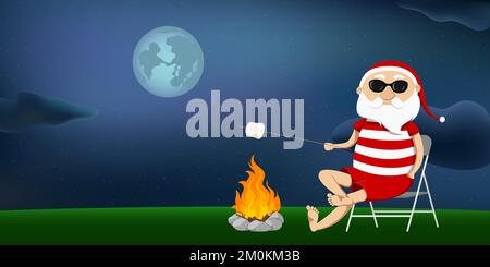 Santa Claus roasting marshmallows on bonfire. Vector illustration Stock ...