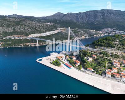 Aerial drone view of the Franjo Tudman Bridge in Dubrovnik, Croatia ...