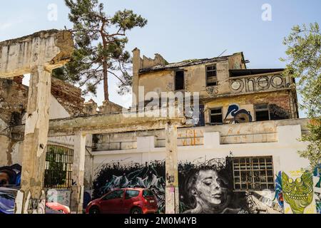 Graffiti on the facade of an abandoned building in Athens Greece Stock ...