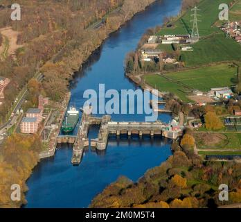 An aerial view of a lock on the Manchester Ship Canal, with a ship ...