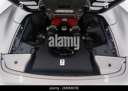 A closeup shot of details on the Ferrari 458 Spider engine bay model ...
