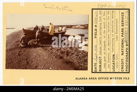 Eskimo family portaging boat and camp gear at Anygaak, at the mouth of ...