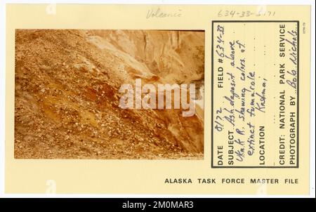 Ash deposit above Ukak River showing colors of extinct fumarole. Alaska ...