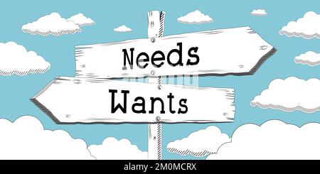 Needs and wants - outline signpost with two arrows Stock Photo - Alamy