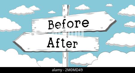 Before and after - outline signpost with two arrows Stock Photo - Alamy