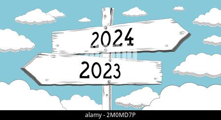 2023 and 2024 - outline signpost with two arrows Stock Photo - Alamy