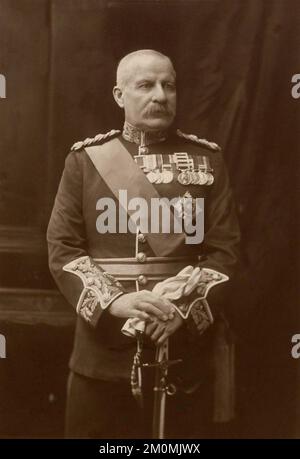 A historical image of Field Marshal Sir John French riding with his A.D ...