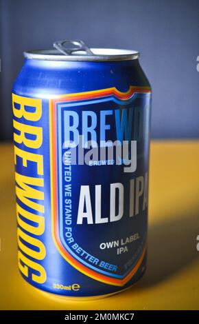 An empty can of Brewdog ALD IPS beer isolated against a yellow ...