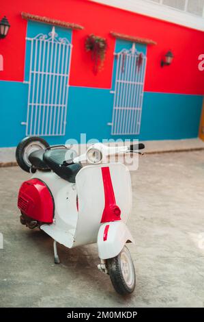 A Vertical shot of a white Vespa scooter in the street with trees in ...