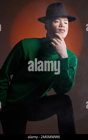 Vitiligo, man face and fashion model portrait for luxury beauty, style ...