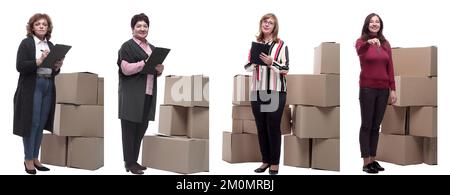 Collage of people lifting heavy cardboard box isolated Stock Photo - Alamy