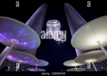 Lusail, Qatar, December 7, 2022. A 30-meter art installation of a whale ...