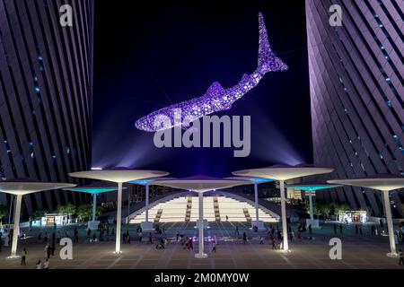 Lusail, Qatar, December 7, 2022. A 30-meter art installation of a whale ...