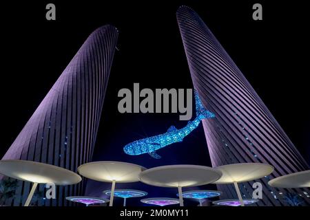Lusail, Qatar, December 7, 2022. A 30-meter art installation of a whale ...