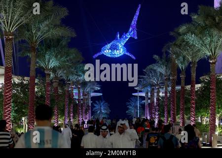 Lusail, Qatar, December 7, 2022. A 30-meter art installation of a whale ...