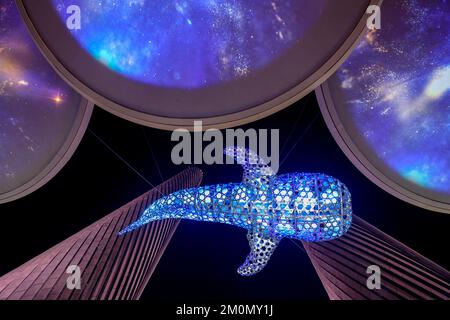 Lusail, Qatar, December 7, 2022. A 30-meter art installation of a whale ...
