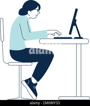 Girl in wrong sitting posture at computer. Incorrect spine pose, spine ...