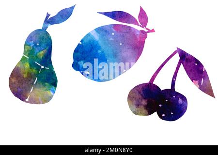 Set watercolor silhouettes fruit and berries on a white background ...