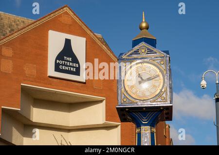 The entrance to the Potteries Shopping Centre, with the clock tower ...