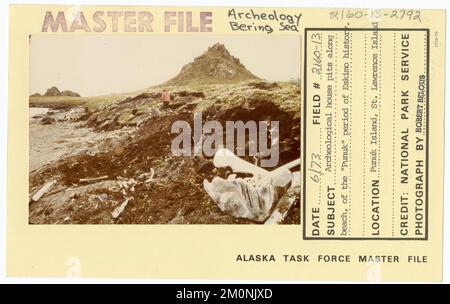 Archeological house pits along beach, of the "punuk" period of Eskimo ...
