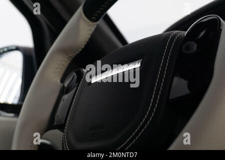 A closeup shot of the Range Rover Sport SVR Dashboard SVR Badge, black ...