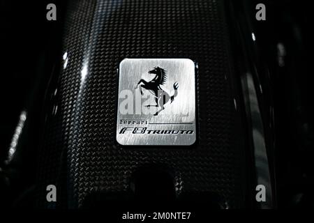 The Ferrari F8 Tributo engine bay, red car and red engine cover ...