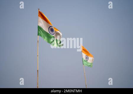 Waving Indian Tricolor Flag Against White Sky Background at Morning ...