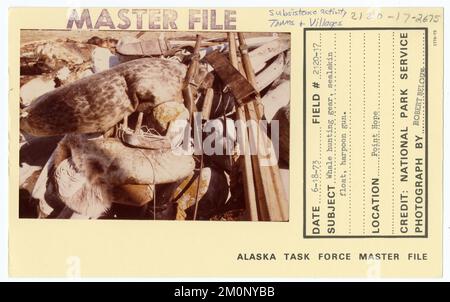 Whale hunting gear, sealskin float, harpoon gun. Alaska Task Force ...