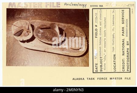 Ancient Eskimo dishes and utensils, slate "ulu", or woman's knife ...