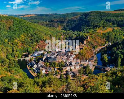 Aerial view of Esch-sur-Sure, medieval town in Luxembourg, dominated by ...