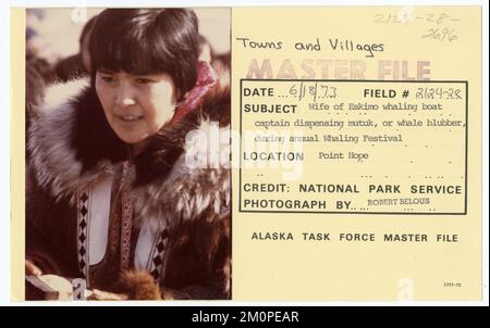 Dispensing muktuk, or whale blubber, during Whaling Festival. Alaska ...