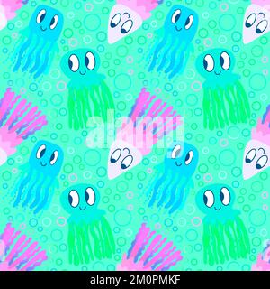 Cartoon animals seamless jellyfish abstract ocean pattern for wrapping ...
