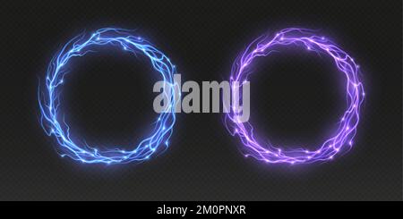 Electric lightning frames, round thunderstorm border, realistic thunderbolts, energy flash ...