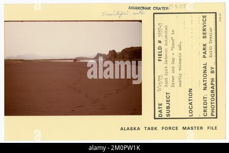 Sand spit between Aniakchak River and Bay. "Sand" is mostly volcanic ...
