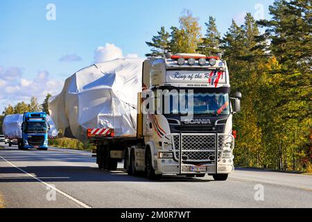 Two oversize load transporters, Scania R580 in the front, hauling ...