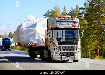 Two oversize load transporters, Scania R580 in the front, hauling ...