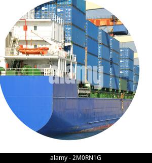 Blue colored cargo ship engaged in international logistics ...