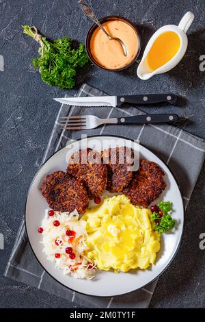 minced liver patties, finnish jauhemaksapihvit, with mashed potatoes ...