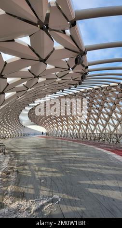 Modern architectural urbanistic Atyrau fish bridge across Ishim river ...